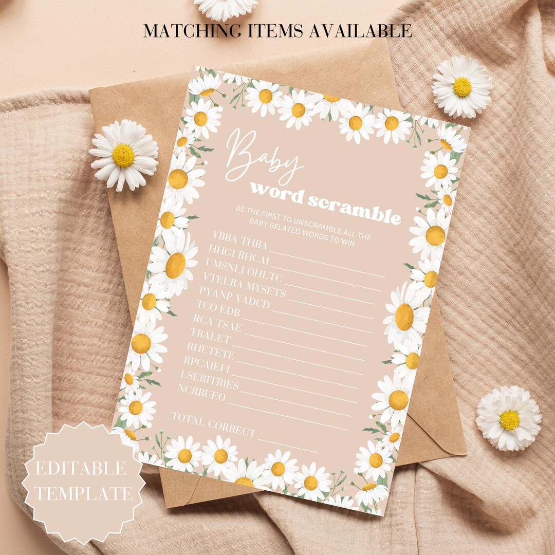 Baby Word Scramble Baby Shower Game Beige Daisy Baby Shower Editable ...