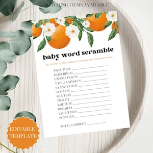 Baby Word Scramble Baby Shower Game Oranges A Little Cutie Baby Shower ...
