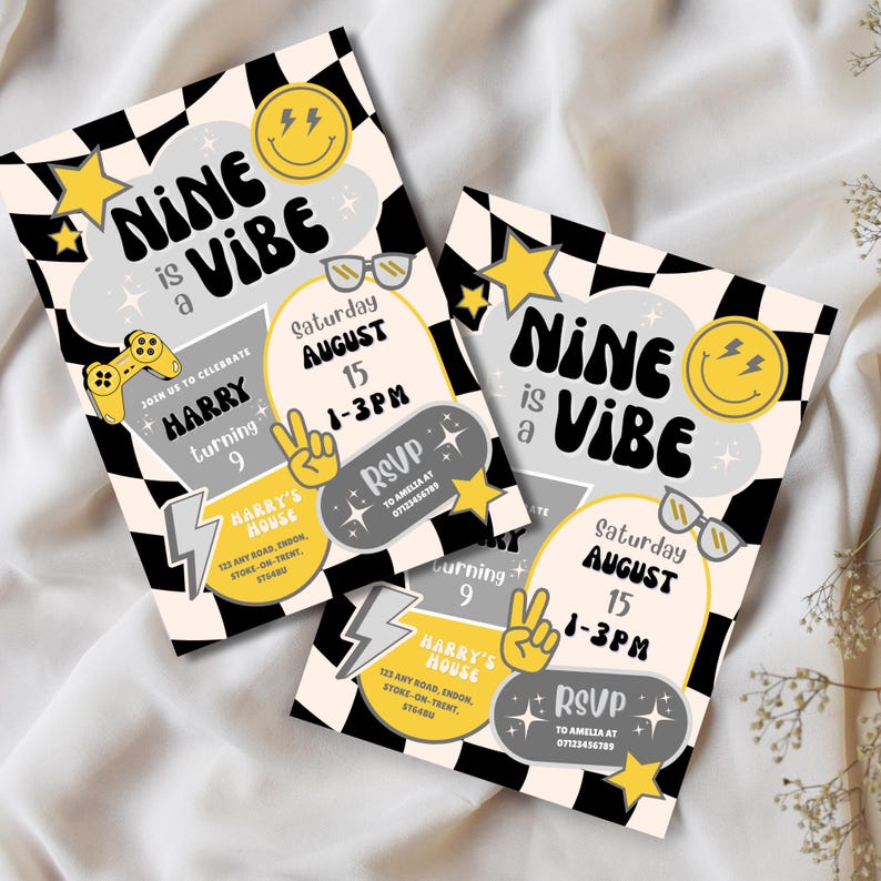Nine is A Vibe Birthday Invitation Editable Canva Template 9th Birthday ...