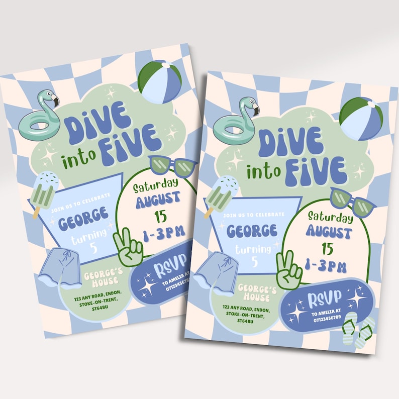 Dive Into Five Birthday Invitation Editable Canva Template Pool Party ...