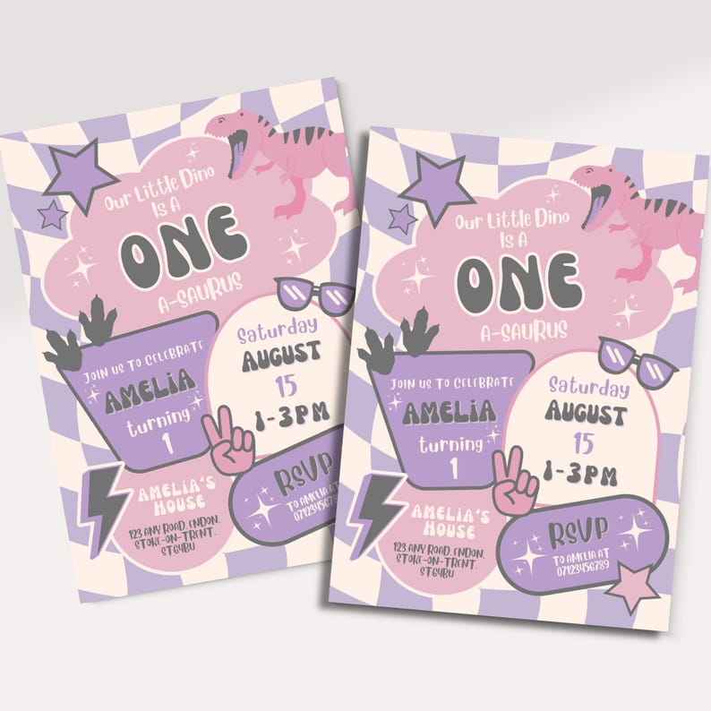 Dinosaur Birthday Invitation Editable Canva Template Pink 1st Birthday ...