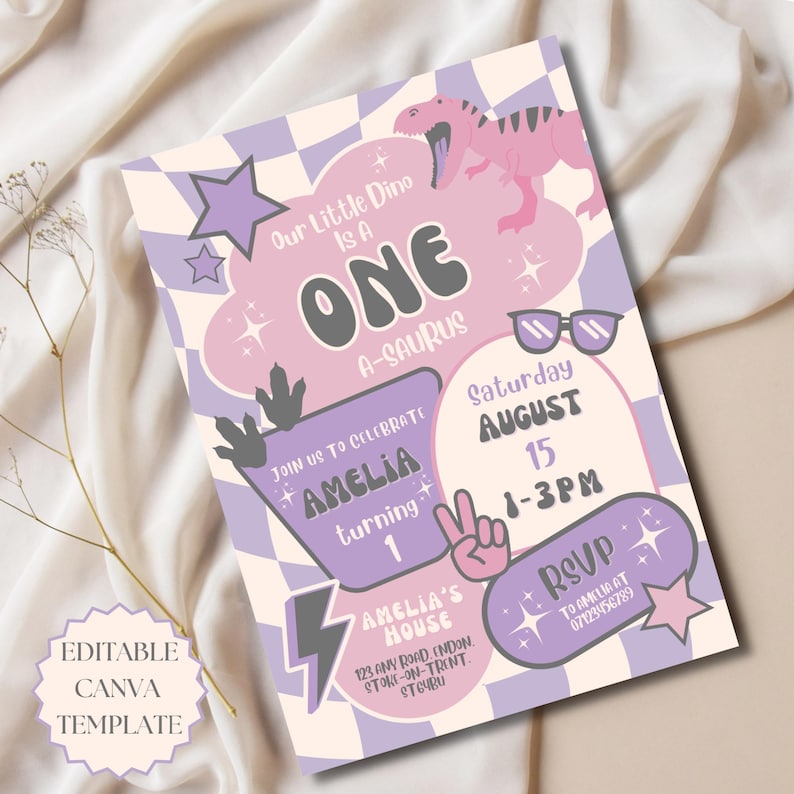 Dinosaur Birthday Invitation Editable Canva Template Pink 1st Birthday ...