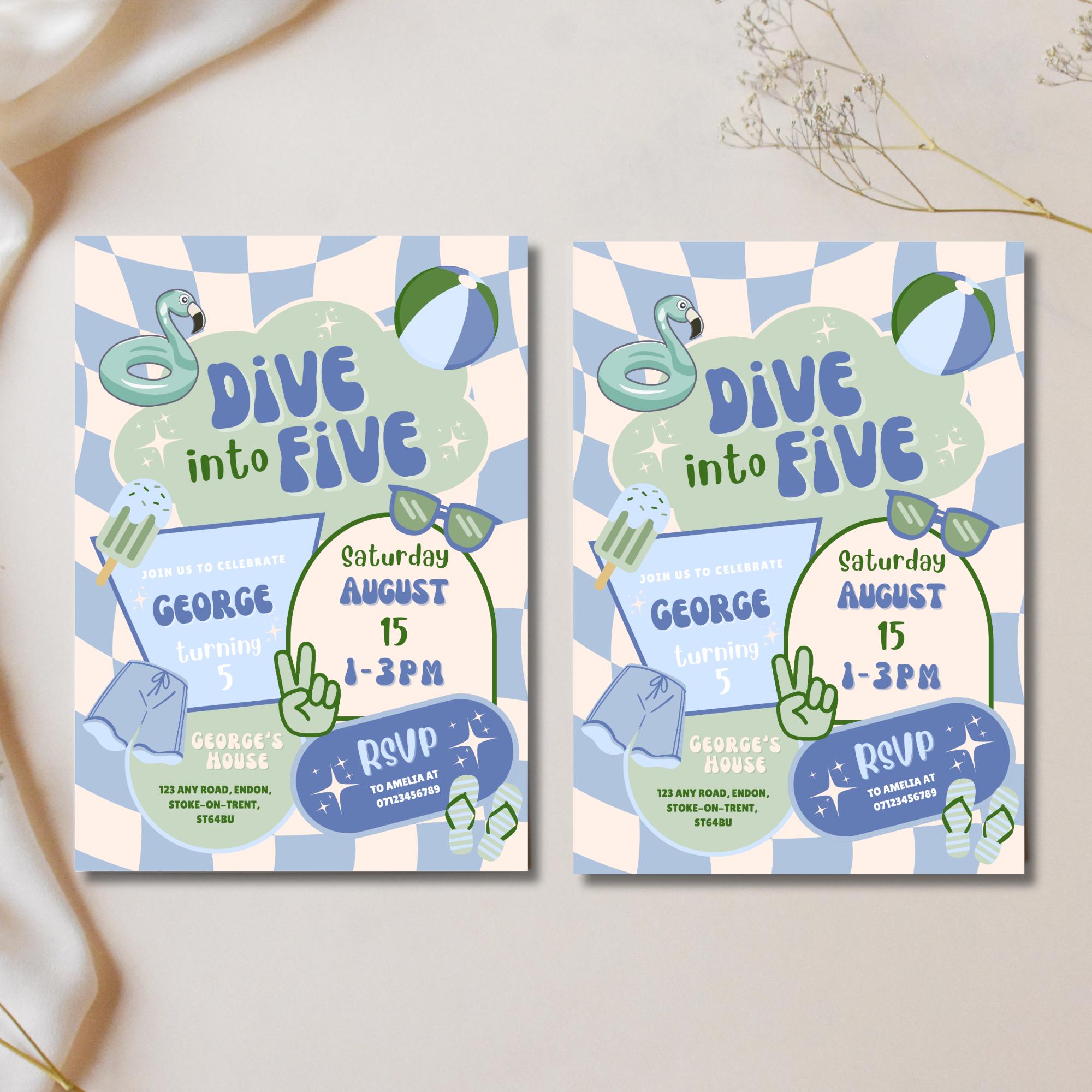 Dive Into Five Birthday Invitation Editable Canva Template Pool Party ...