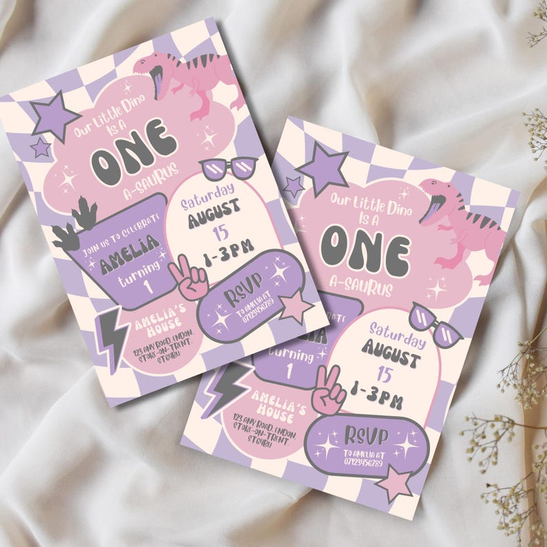 Dinosaur Birthday Invitation Editable Canva Template Pink 1st Birthday ...