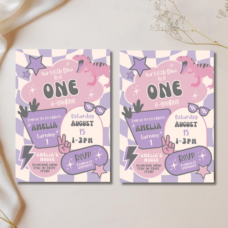 Dinosaur Birthday Invitation Editable Canva Template Pink 1st Birthday ...