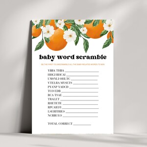 Baby Word Scramble Baby Shower Game Oranges A Little Cutie Baby Shower ...