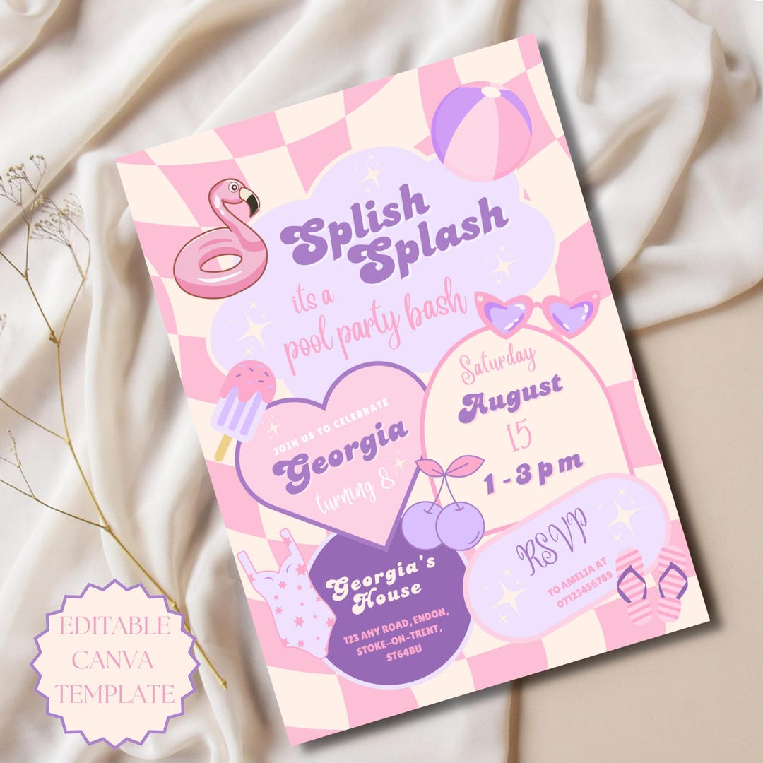 Pink Pool Party Birthday Invitation Editable Canva Template Any Age ...