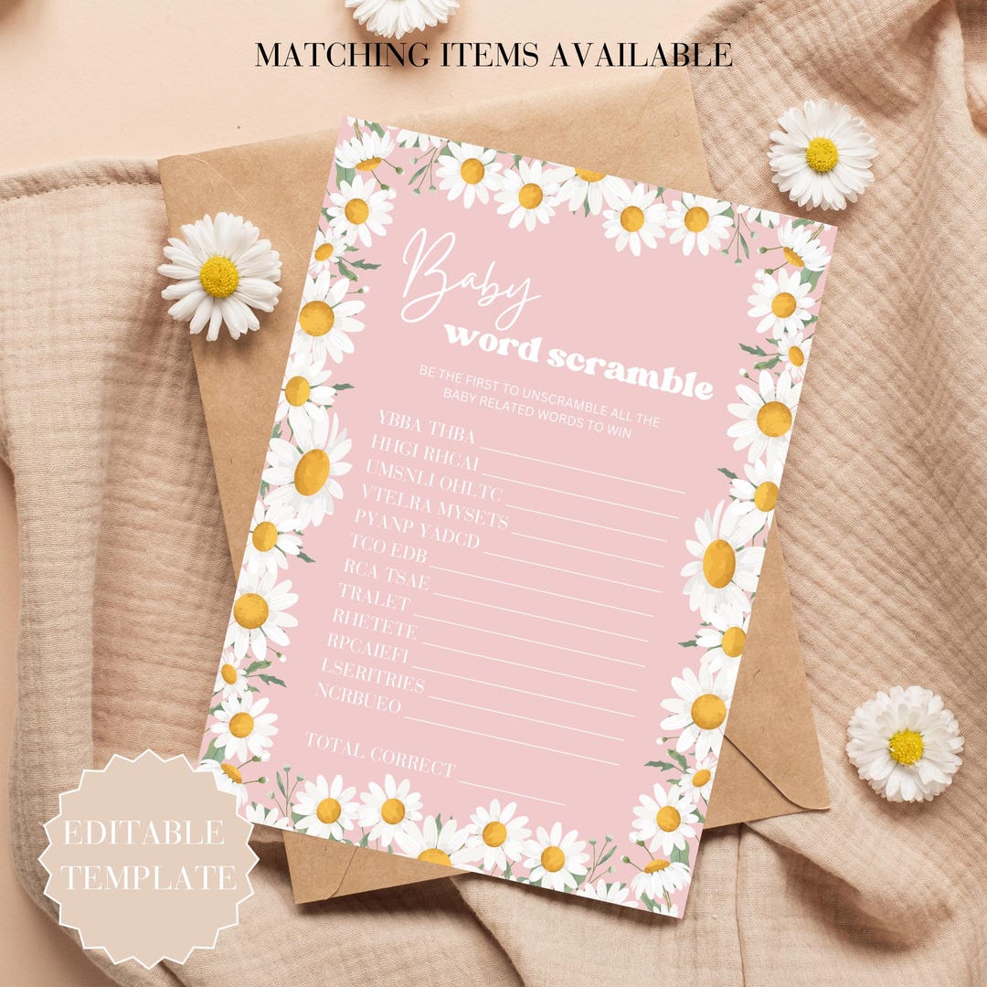 Baby Word Scramble Baby Shower Game Pink Daisy Baby Shower Editable ...