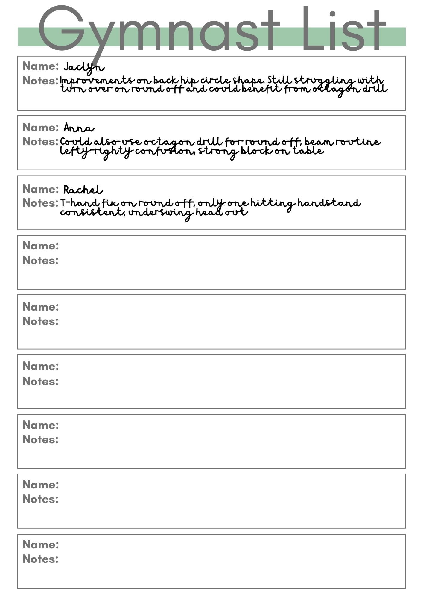 Gymnastics Lesson Plan Template | Printable or Note App | for Coaches ...