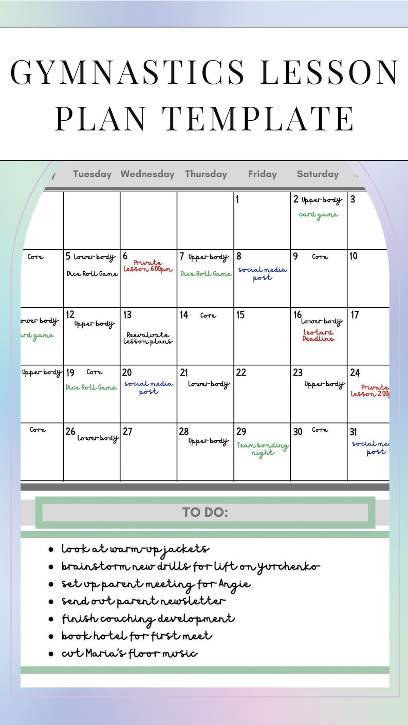 Gymnastics Lesson Plan Template | Printable or Note App | for Coaches ...