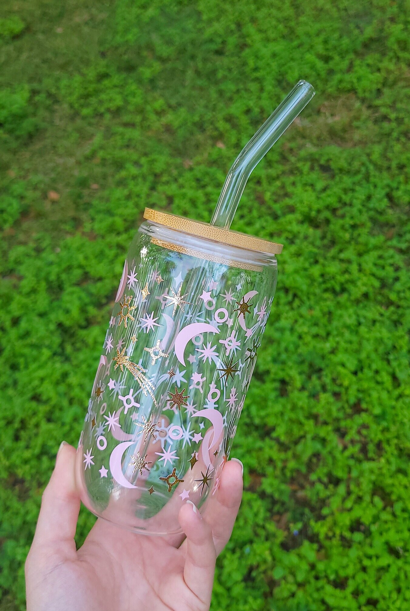 Celestial Glass Cup With Lid and Straw Sun Moon Stars Iced Coffee Glass ...