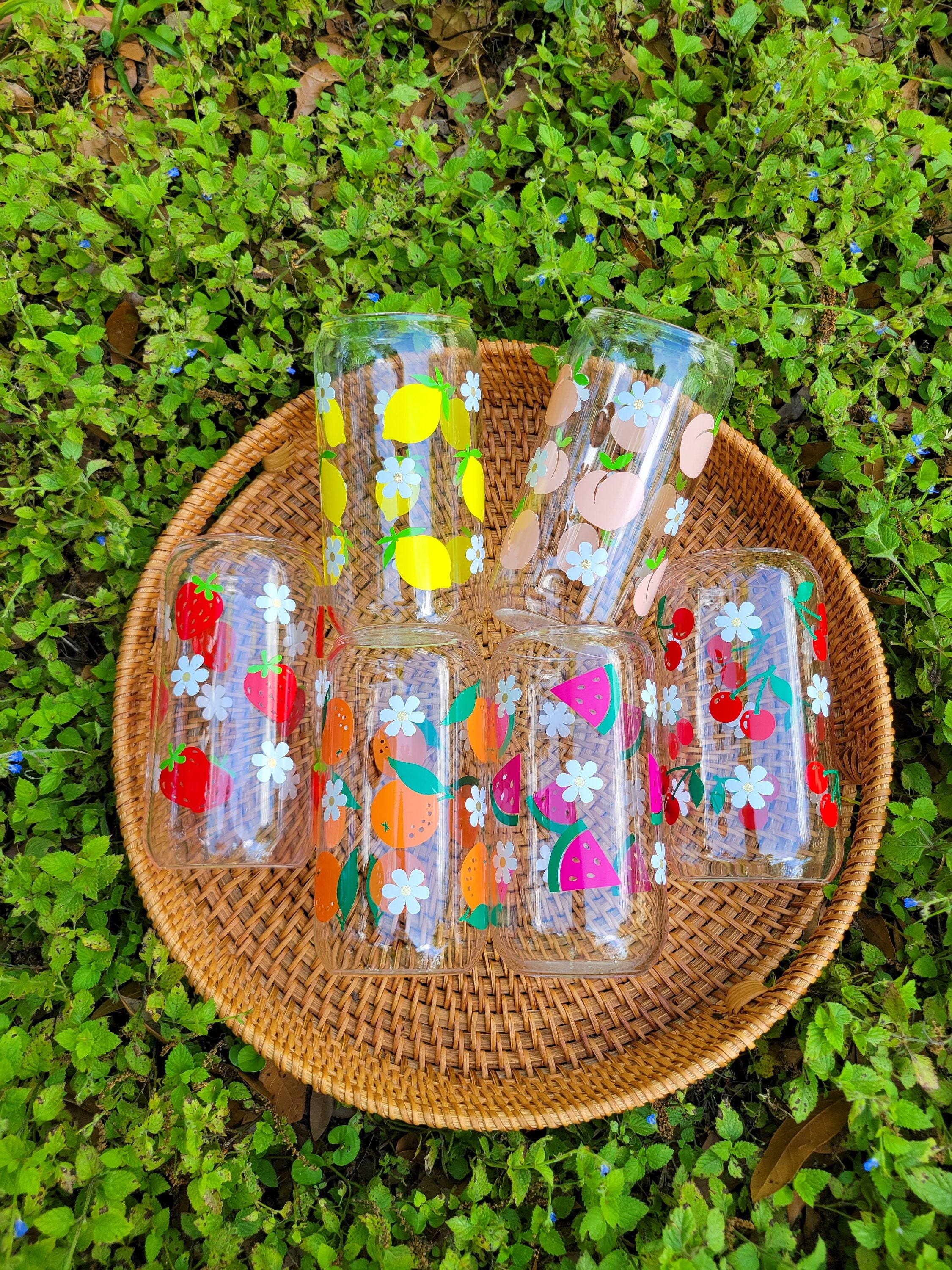 Summer Fruit Glass Cups, Daisy Iced Coffee Cups, Summer Aesthetic Glass ...