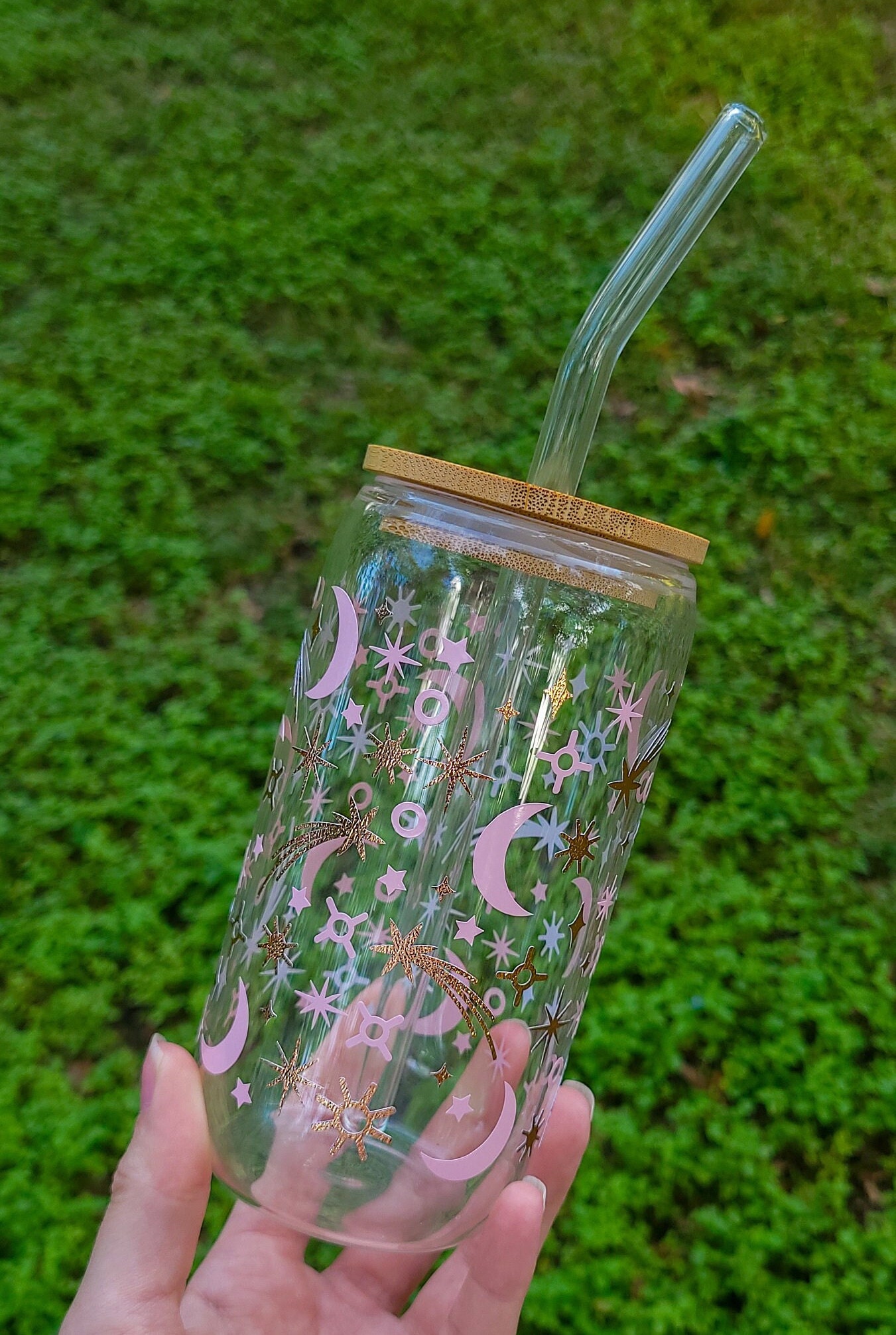 Celestial Glass Cup With Lid and Straw Sun Moon Stars Iced Coffee Glass ...