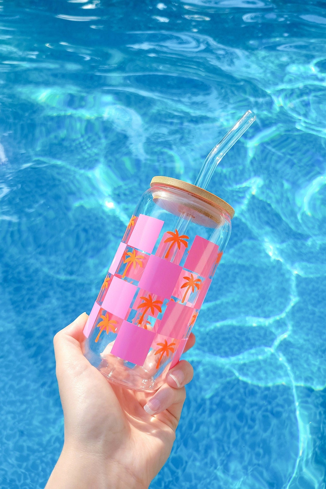 Retro Summer Iced Coffee Glass Cup, Palm Tree Glass Tumbler, Summer ...