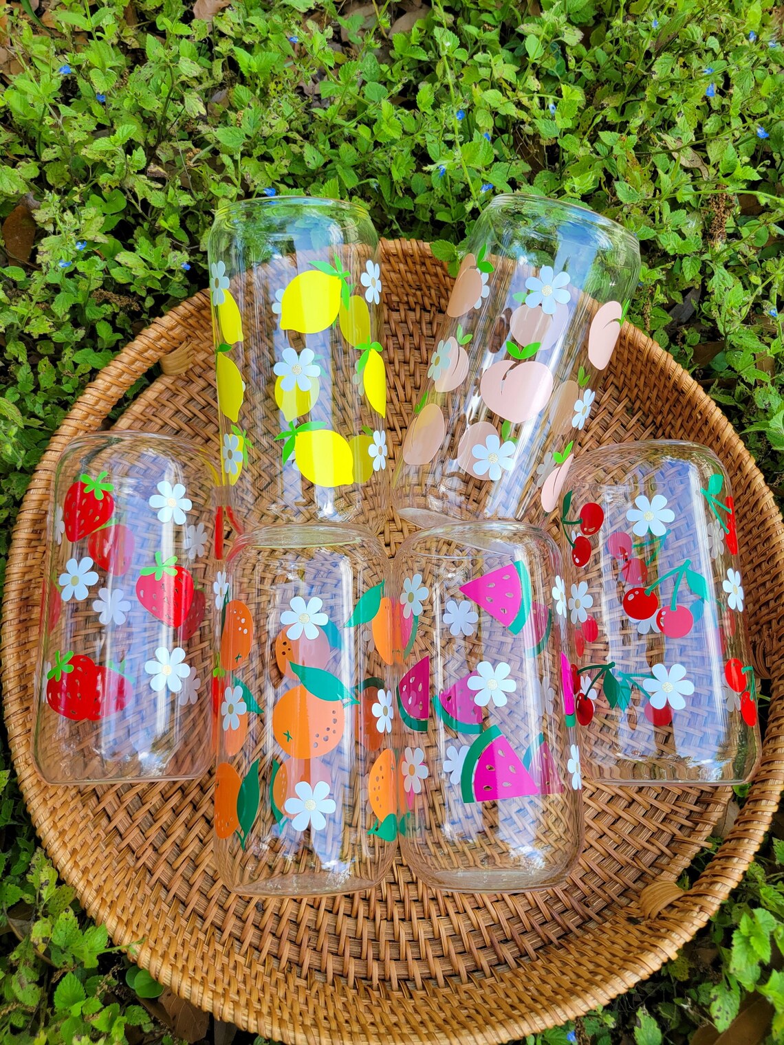 Summer Fruit Glass Cups, Daisy Iced Coffee Cups, Summer Aesthetic Glass ...