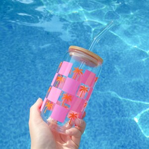 Retro Summer Iced Coffee Glass Cup, Palm Tree Glass Tumbler, Summer ...