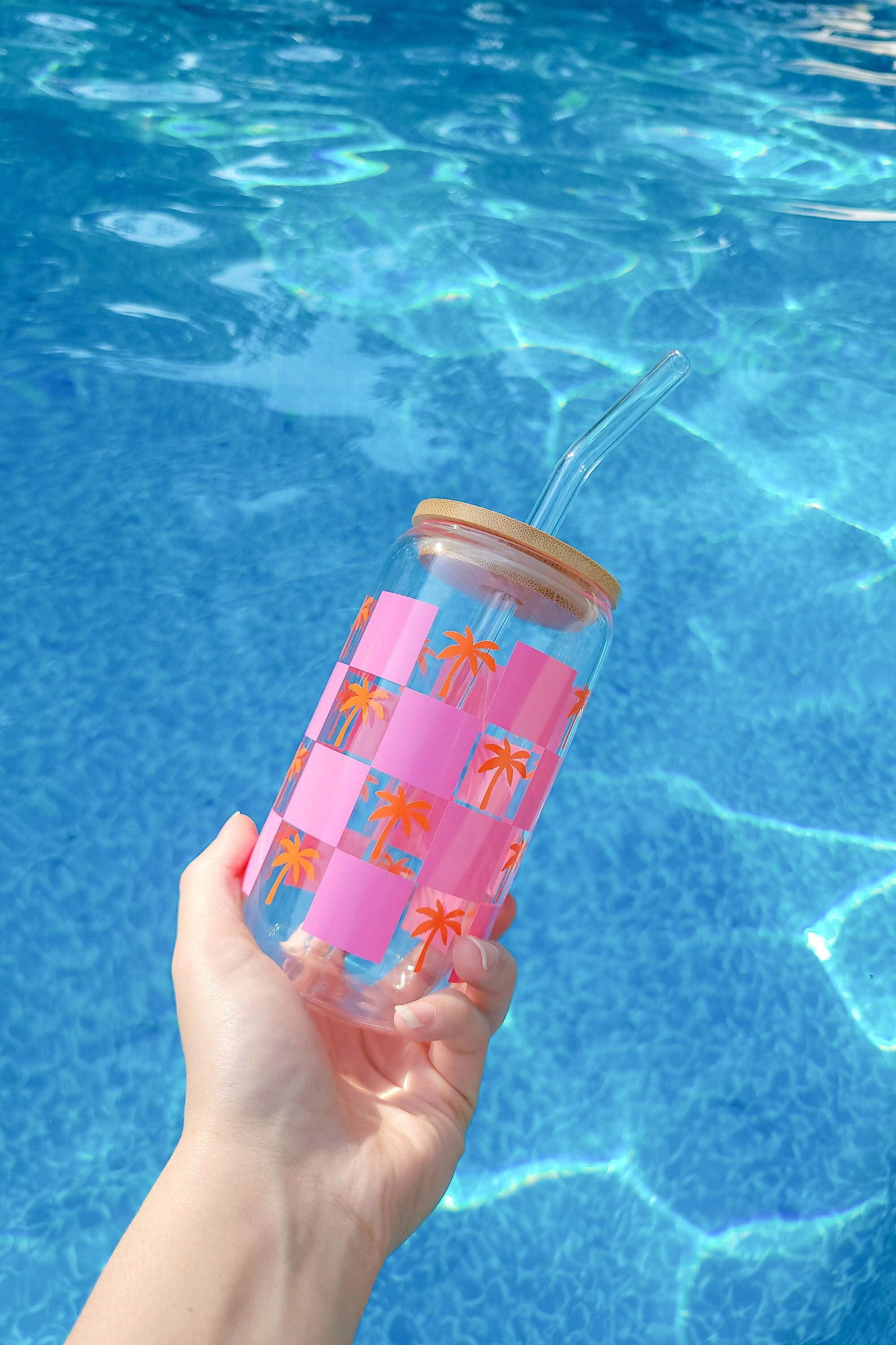 Retro Summer Iced Coffee Glass Cup, Palm Tree Glass Tumbler, Summer ...