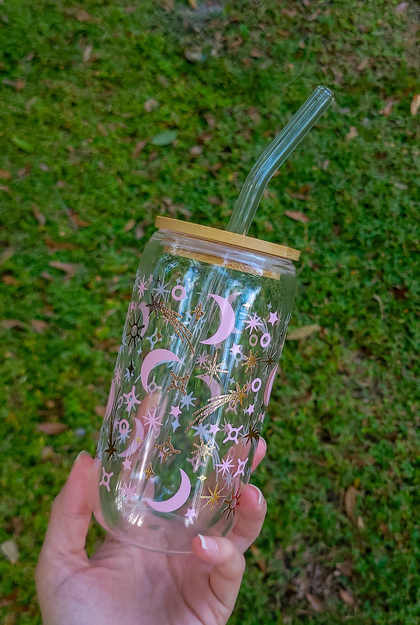 Celestial Glass Cup With Lid and Straw Sun Moon Stars Iced Coffee Glass ...