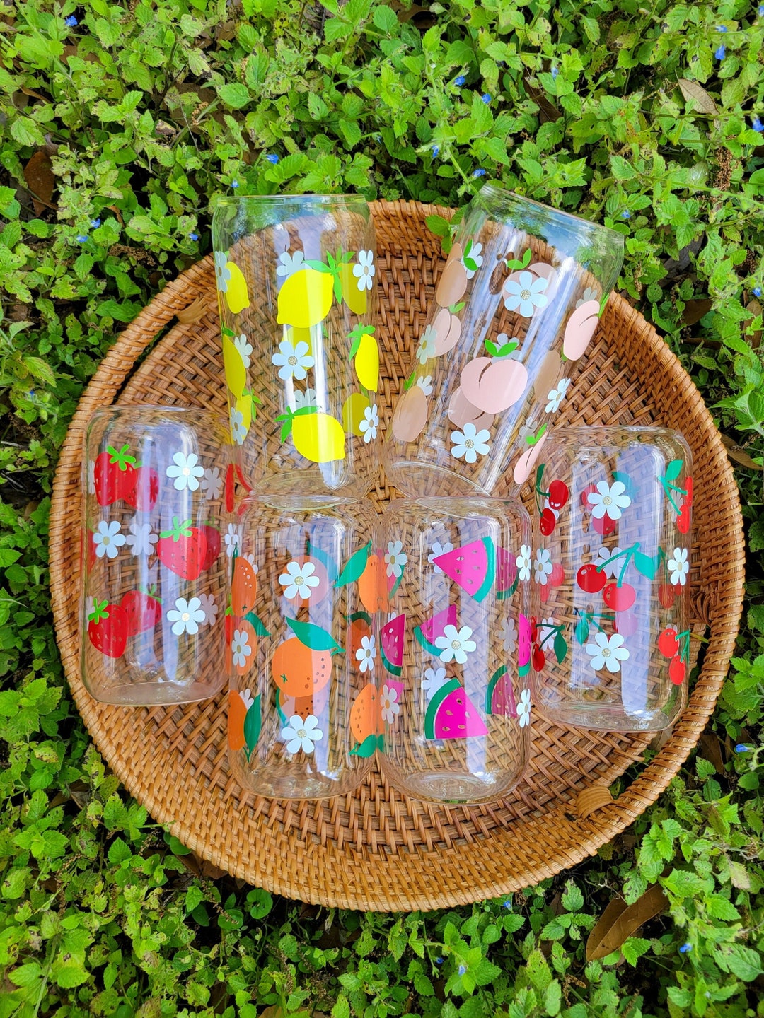 Summer Fruit Glass Cups, Daisy Iced Coffee Cups, Summer Aesthetic Glass ...