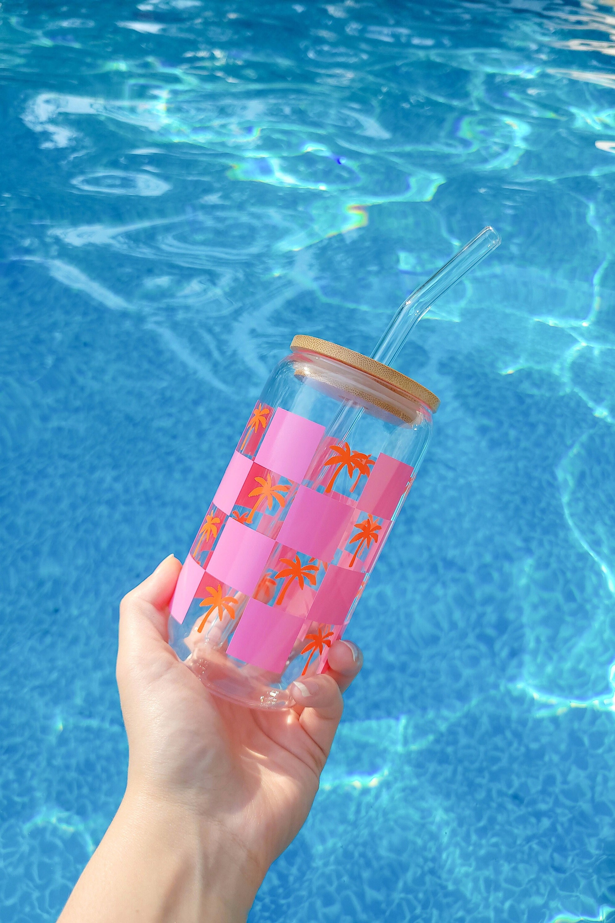 Retro Summer Iced Coffee Glass Cup, Palm Tree Glass Tumbler, Summer ...