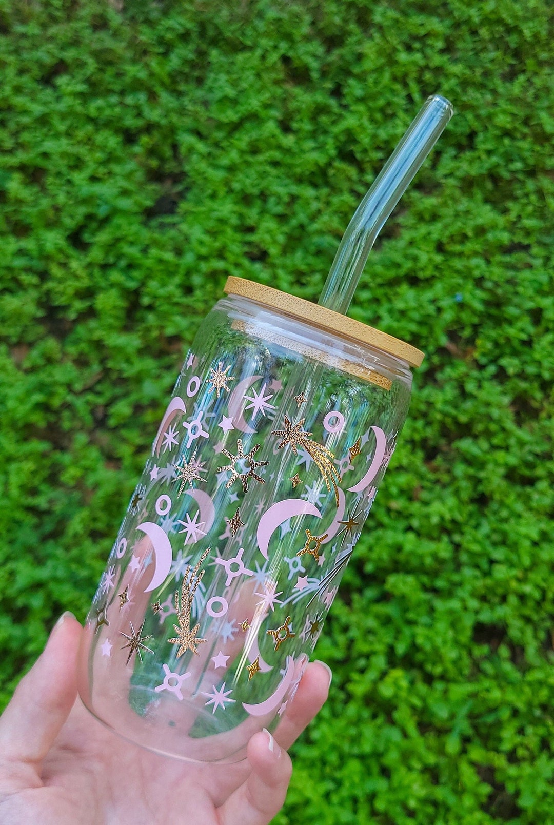 Celestial Glass Cup With Lid and Straw, Moon Stars Iced Coffee Cup ...