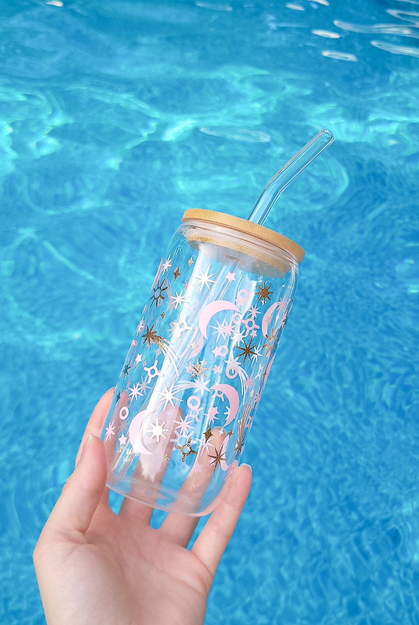 Celestial Glass Cup With Lid and Straw Sun Moon Stars Iced Coffee Glass ...