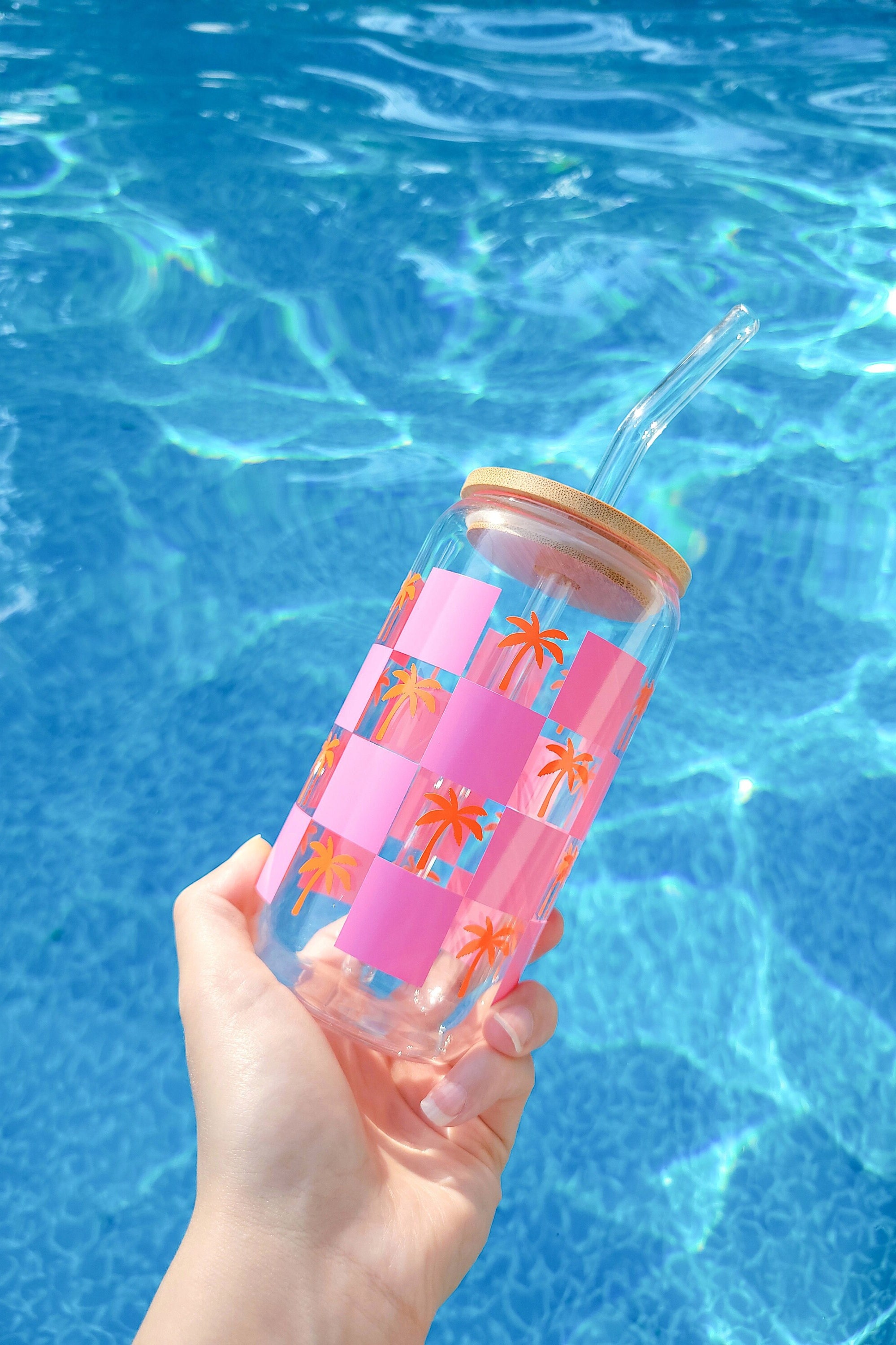 Retro Summer Iced Coffee Glass Cup, Palm Tree Glass Tumbler, Summer ...
