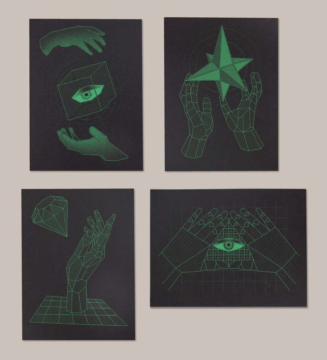 WIREFRAME PRINT SET, All 4 Screenprinted Posters, 9x12 Cyberpunk Tron ...