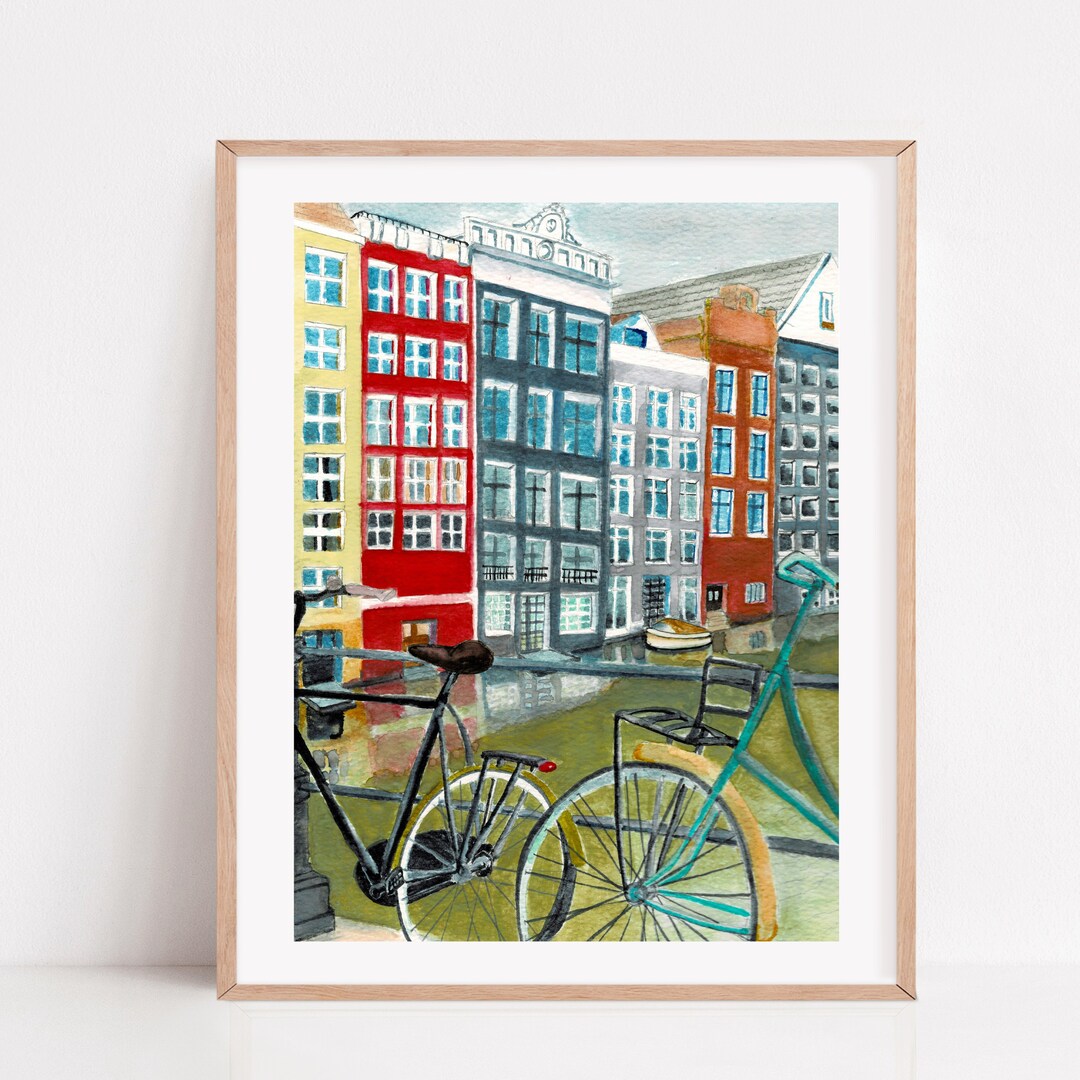 Amsterdam Canal Art Print – Bikes on Bridge Illustration – Netherlands ...