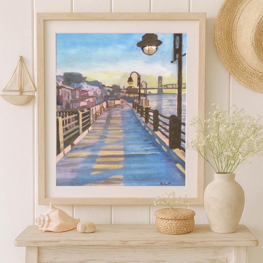 Wilmington Riverwalk Sunset Art Print – Coastal Gouache Painting - Etsy