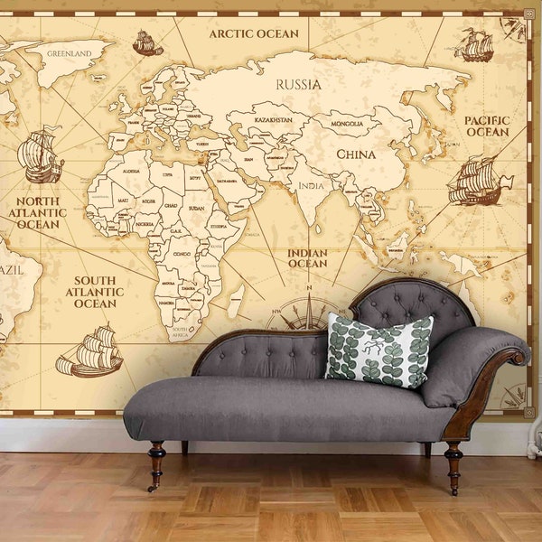 Nautical World Map Wallpaper - Etsy