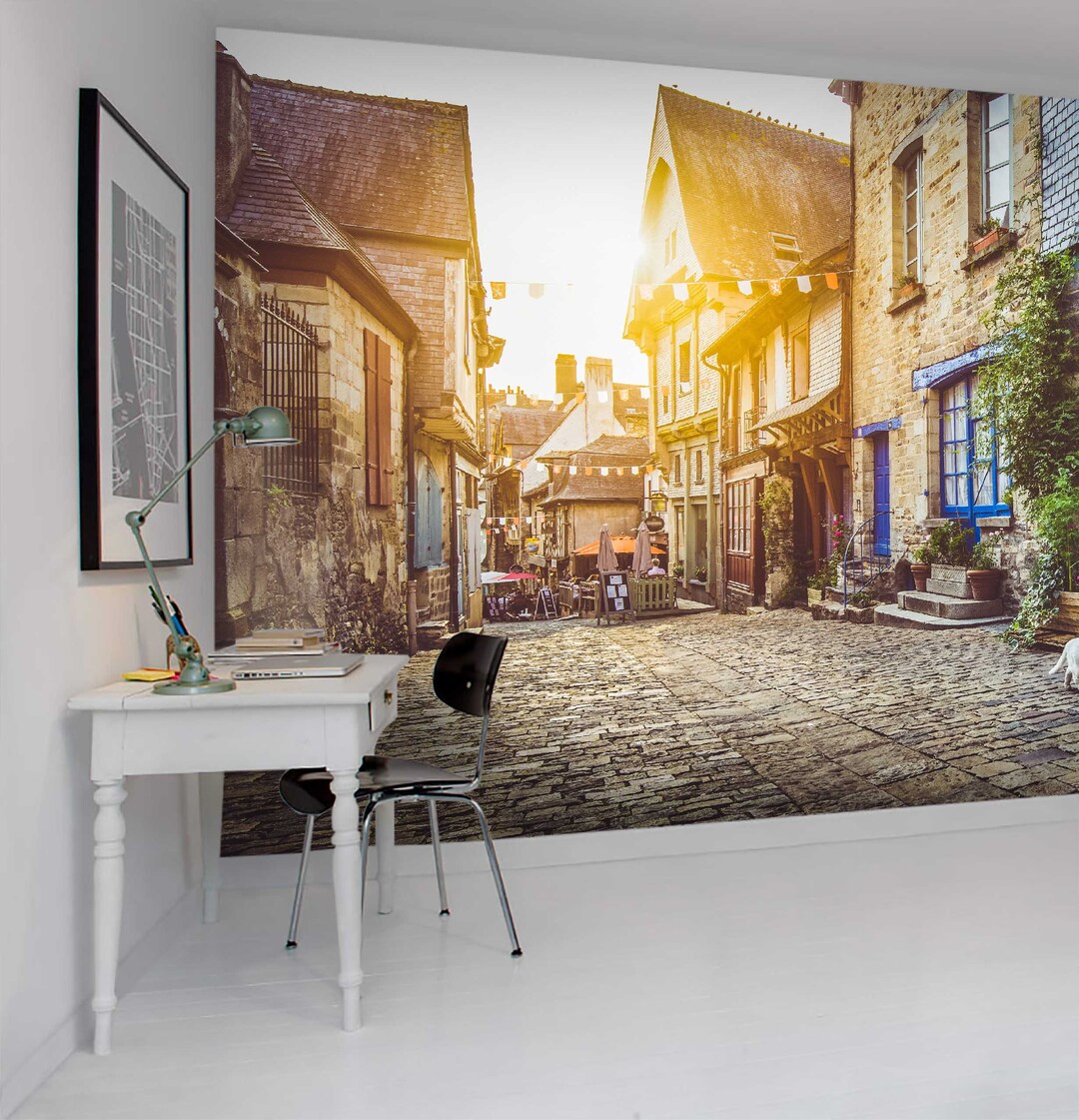 3D Sunset Retro City Building Stone Road Wallpaper Mural Peel - Etsy