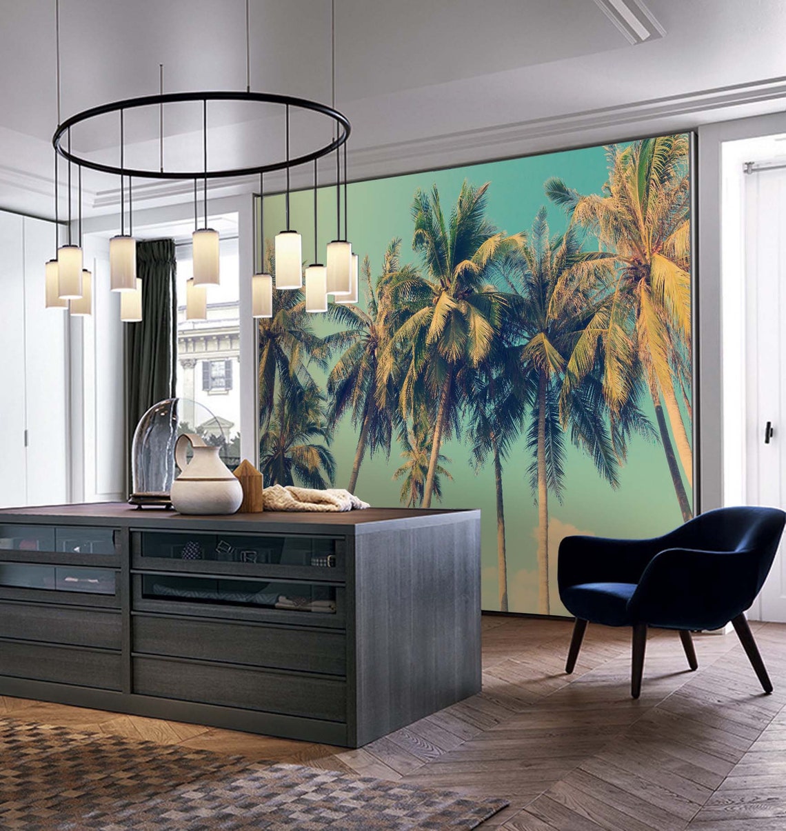 3D Watercolor Coconut Trees Wallpaper Mural Peel and Stick | Etsy