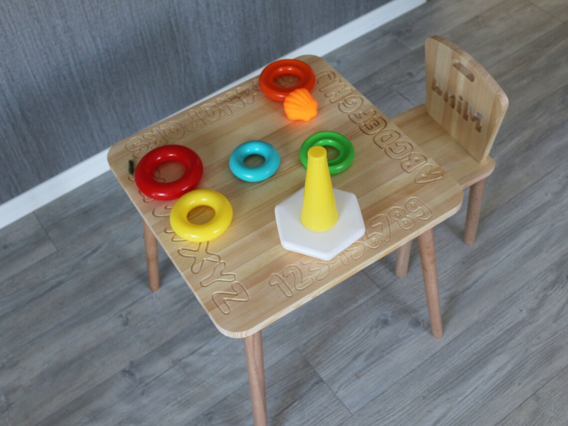 Alphabet and Numbers Engraved Wood Table and Chair Set - Etsy