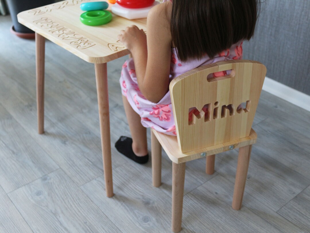 Alphabet and Numbers Engraved Wood Table and Chair Set, Personalised ...