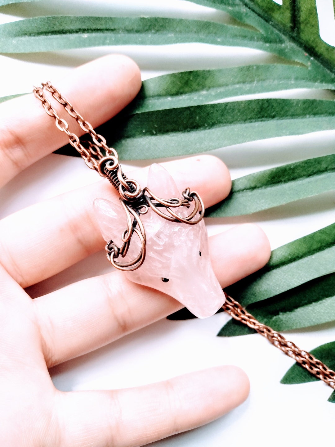 Wolf's Head Necklace/100% Copper Wire Wrapped Rose Quartz Wolf Head ...
