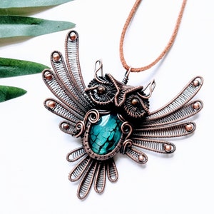 Wire Wrap Owl Necklace/100% Copper Wire Wrapped Dragon Veins Agate ...