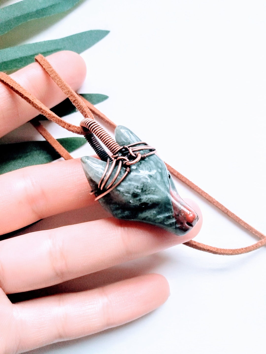 Wolf Cub Necklace/100% Copper Wire Wrapped Carved African Bloodstone ...