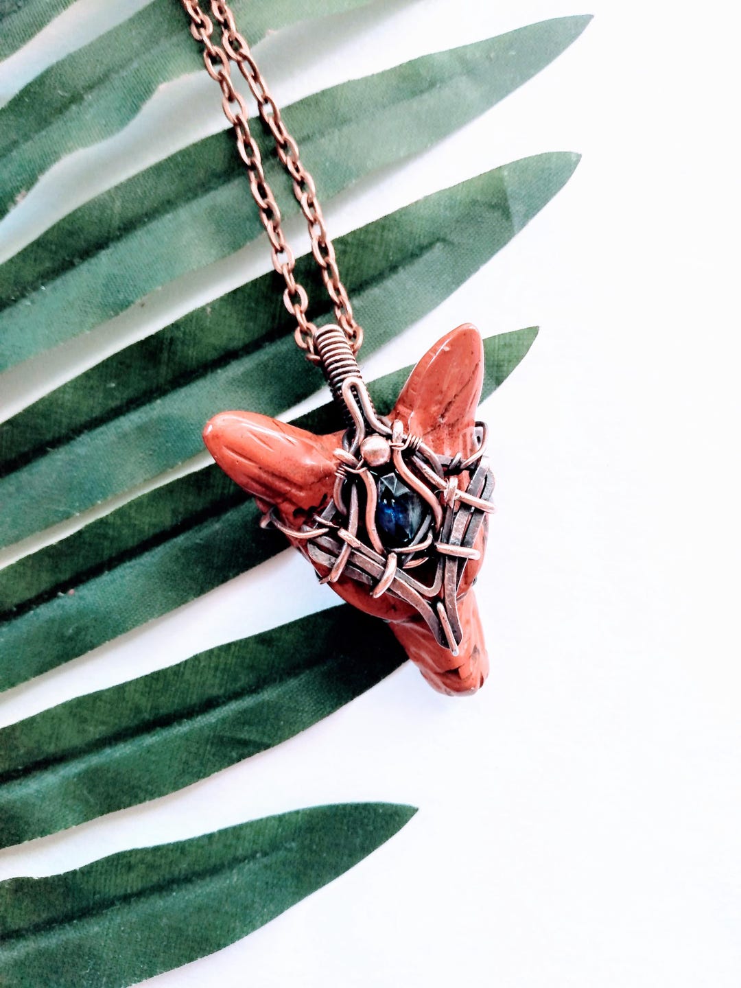 Jasper + Kyanite Fox Necklace/100% Copper Wire Wrapped Red Jasper + Kyanite Fox Necklace/100% Copper Wire Wrapped Red
