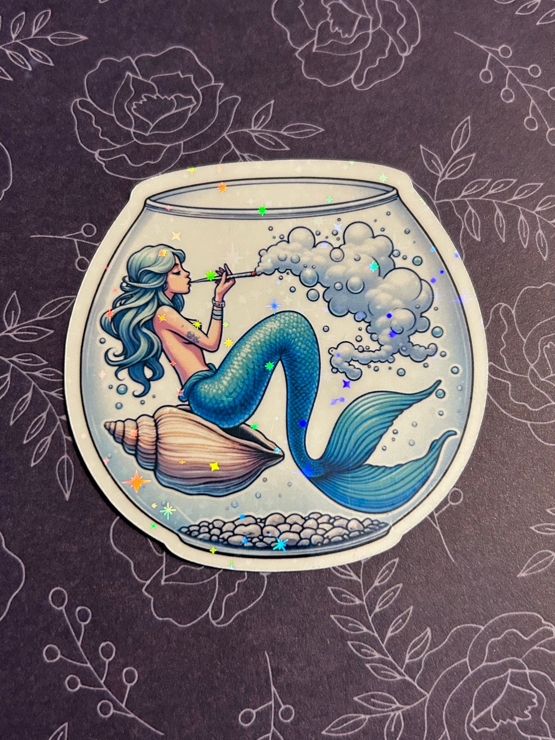 Mermaid Smoking Joint in Fishbowl 3 Holographic Sticker - Etsy