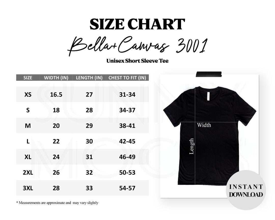 Bella Canvas Size Chart, Bella Canvas Size Guide, Bella Canvas 3001 ...