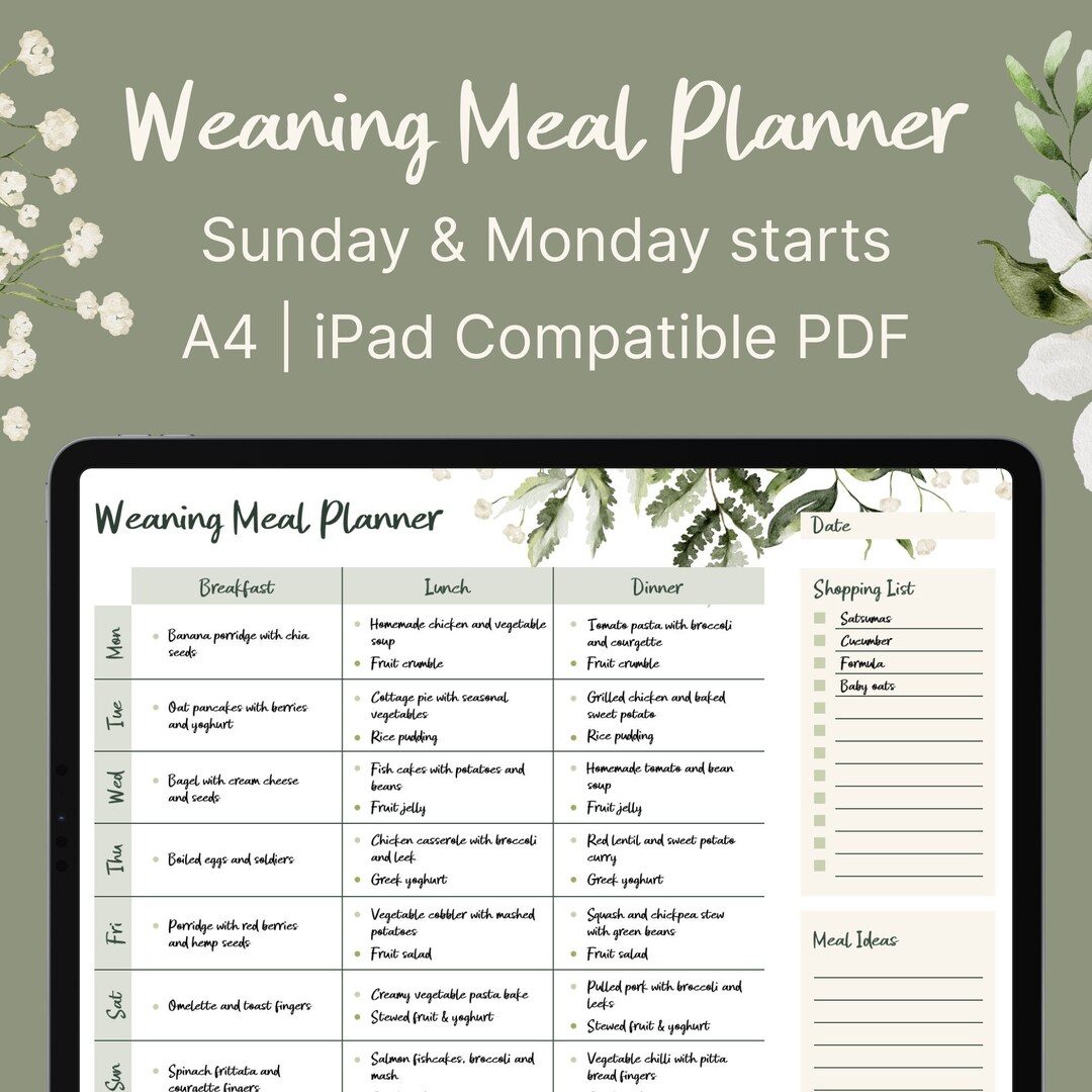 Weaning Meal Planner Printable Weekly Weaning Diary Meal - Etsy