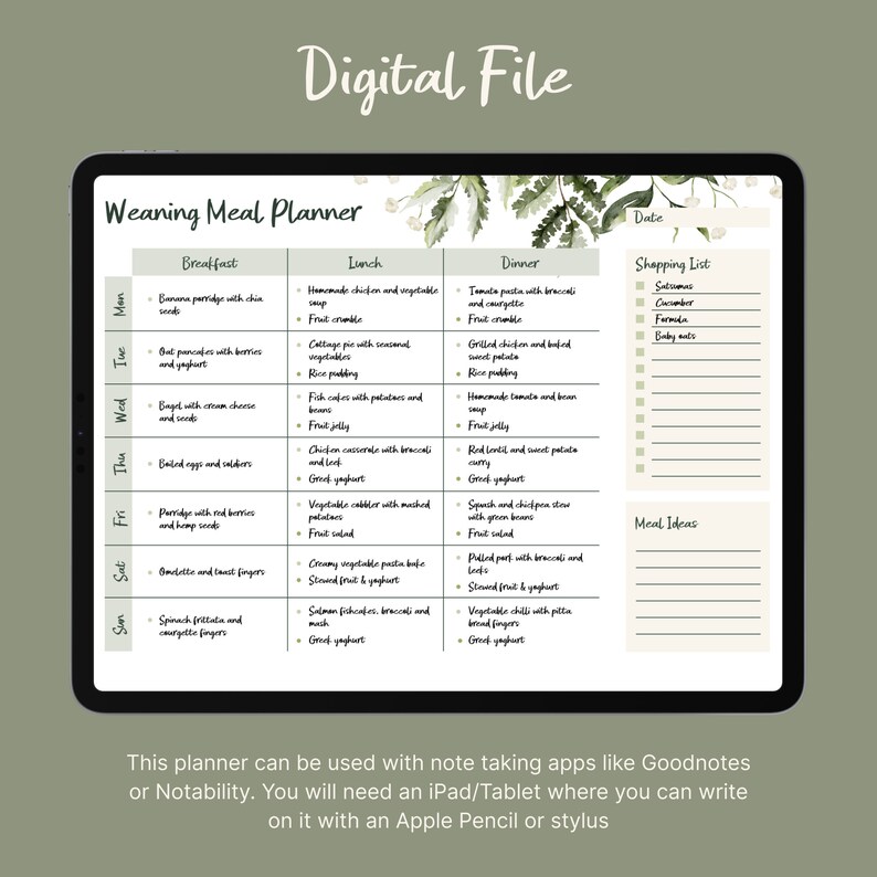 Weaning Meal Planner Printable Weekly Weaning Diary Meal - Etsy