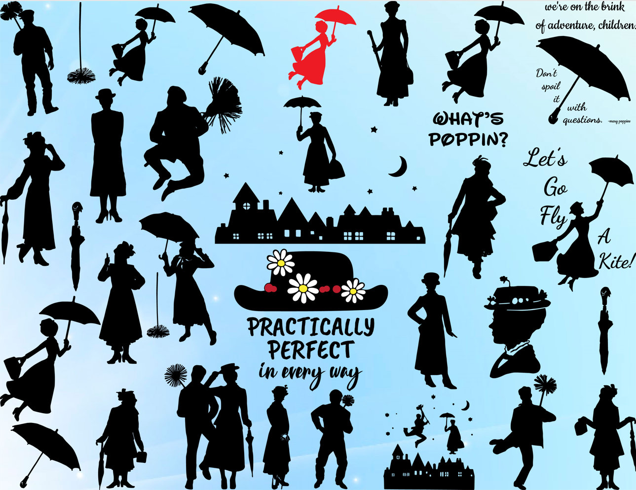 Mary Poppins Flying Silhouette Vector