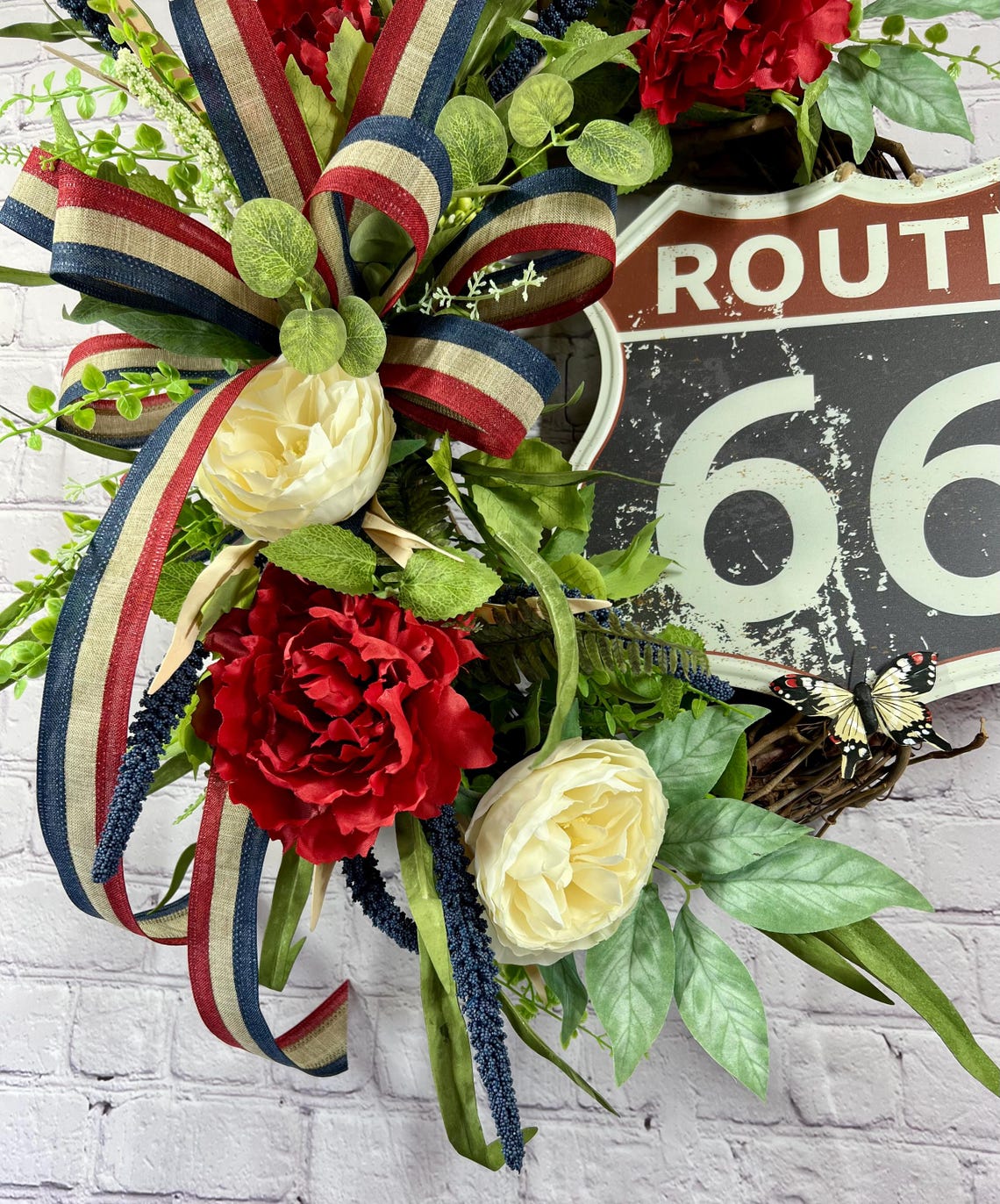Route 66 Patriotic Wreath: Americana Front Door Decor With Metal Sign ...
