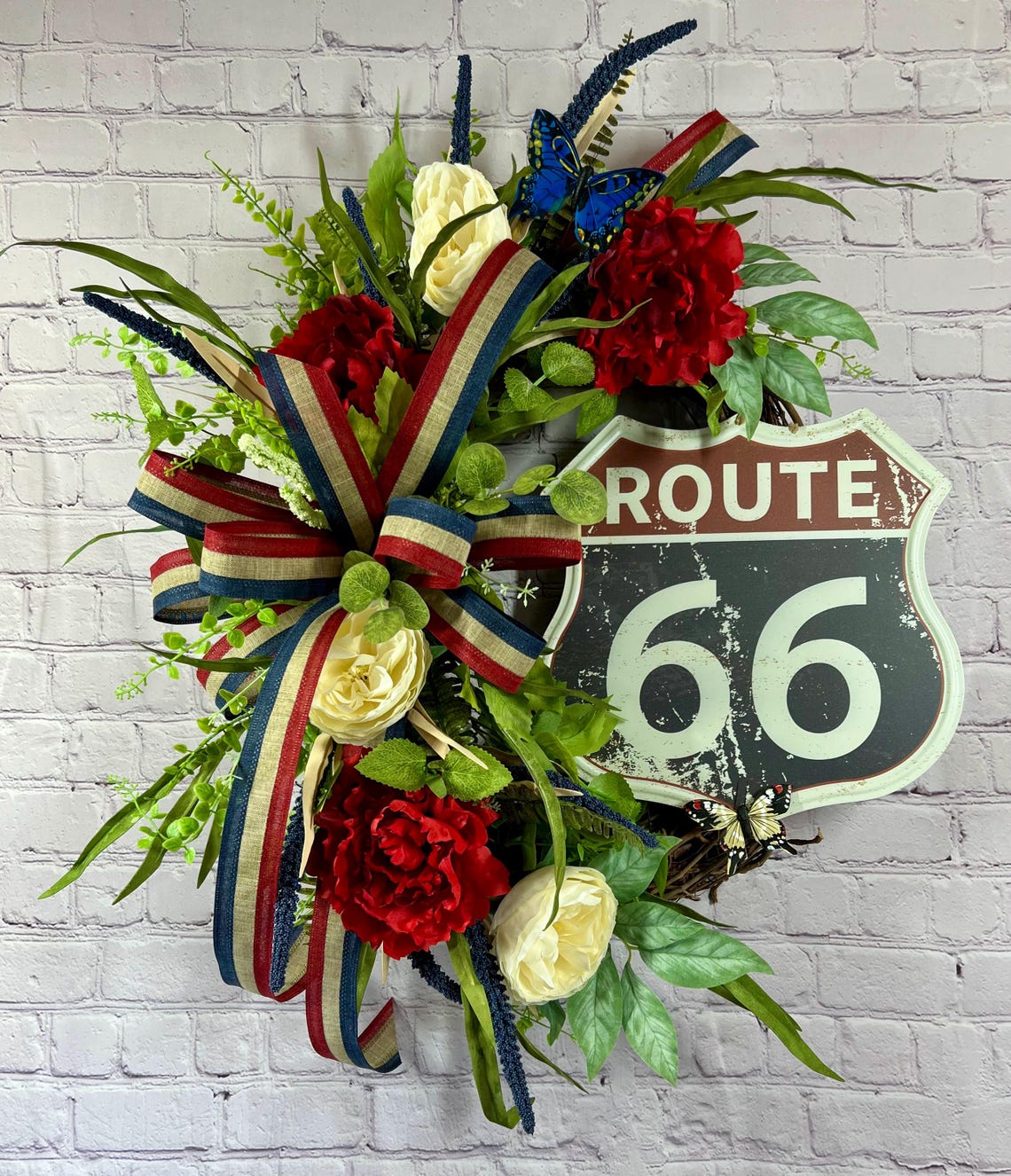 Route 66 Patriotic Wreath: Americana Front Door Decor With Metal Sign ...
