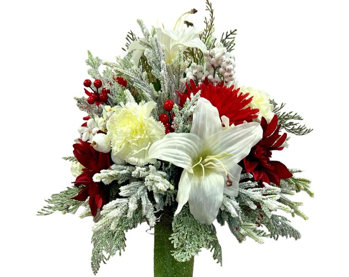 Winter Cemetery Urn Insert With White Lilies, Red Berries, and Frosted ...