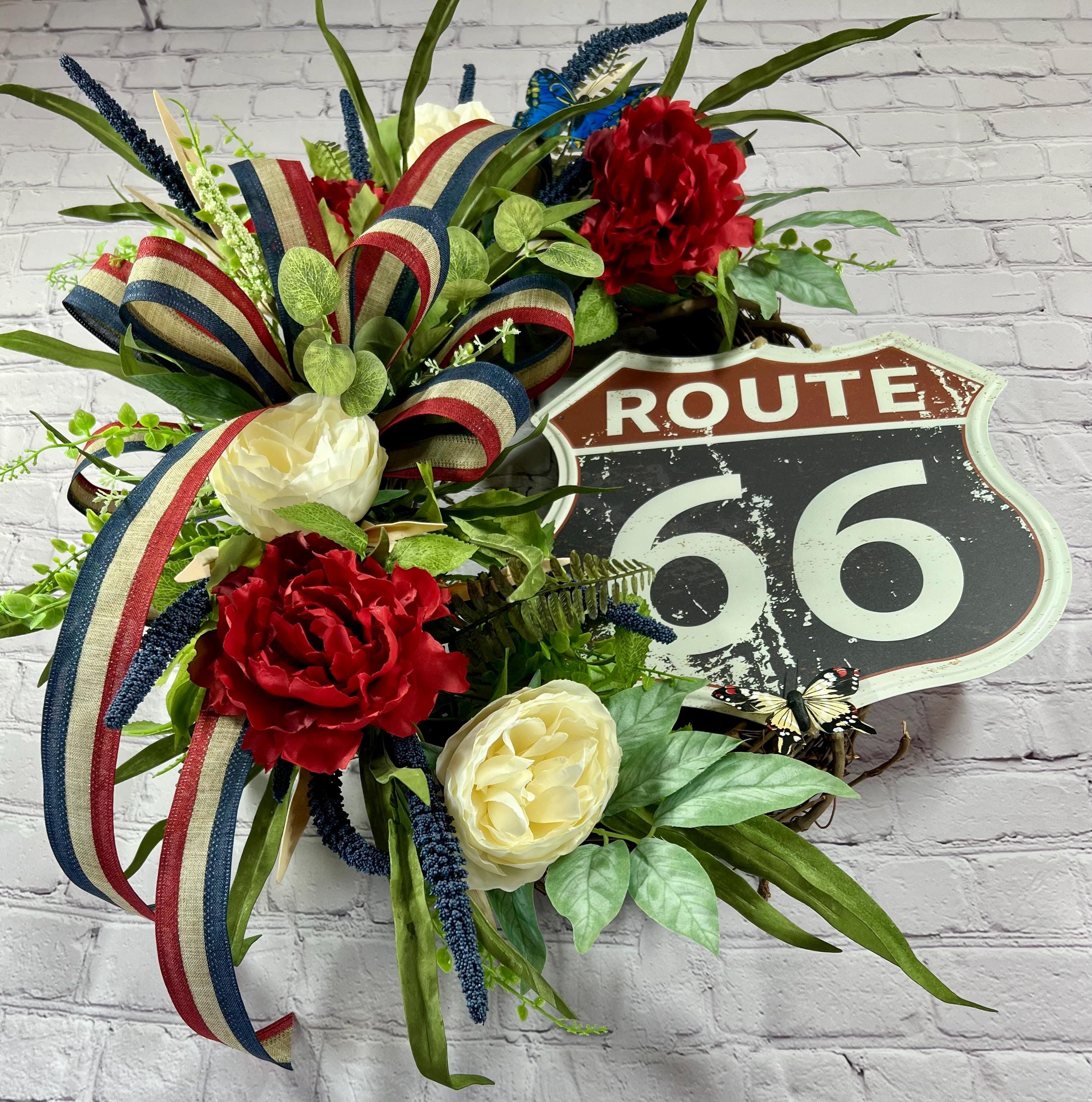 Route 66 Patriotic Wreath: Americana Front Door Decor With Metal Sign ...