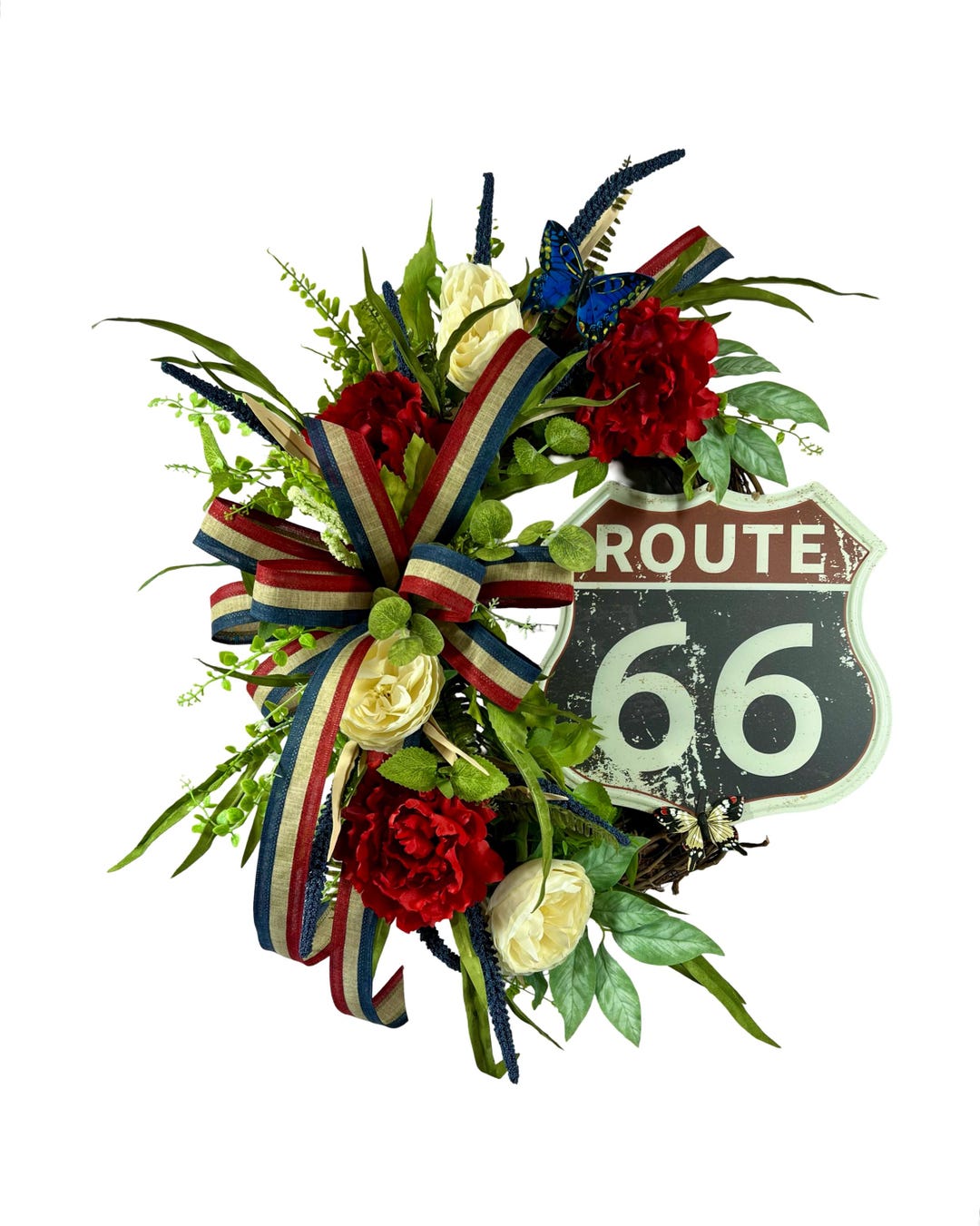 Route 66 Patriotic Wreath: Americana Front Door Decor With Metal Sign ...