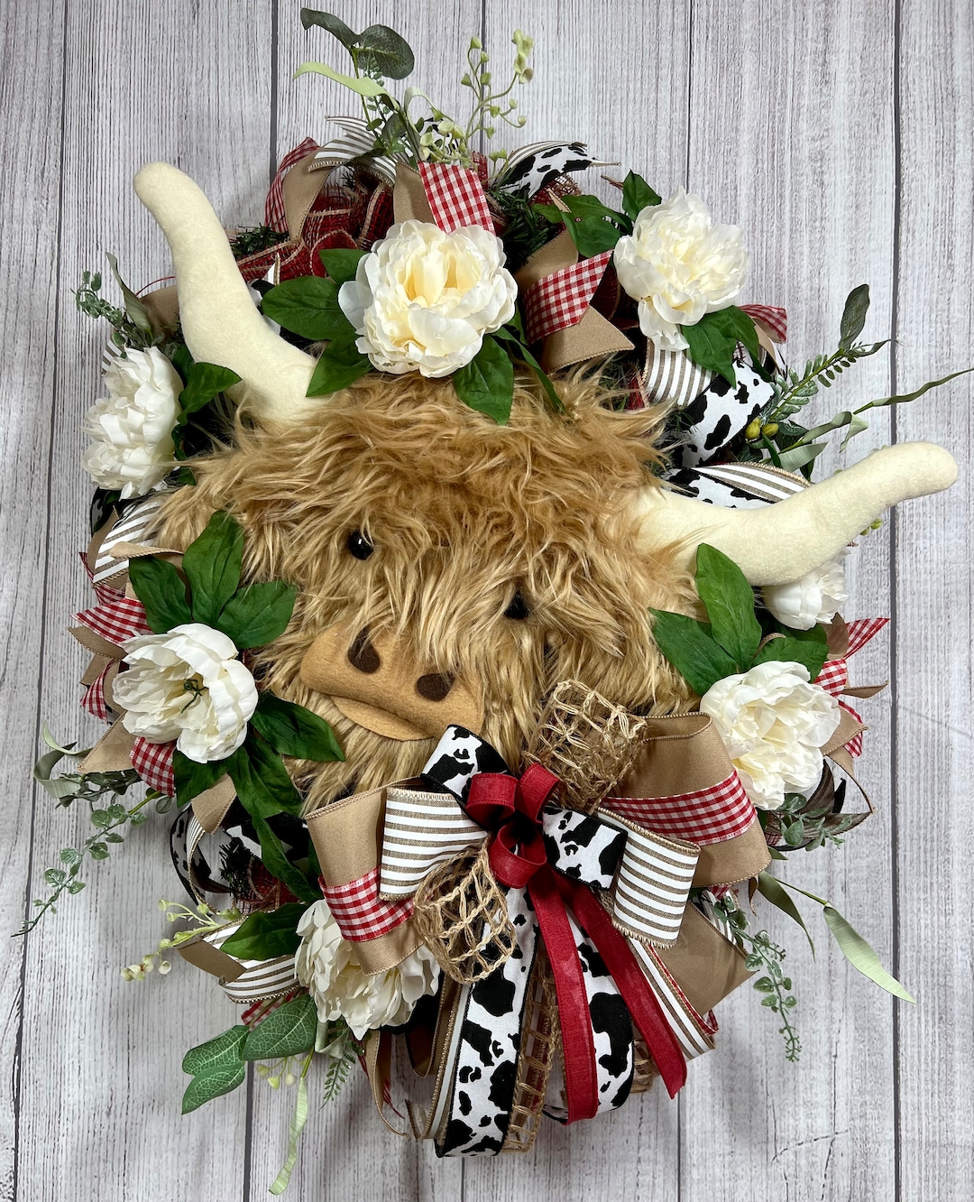 Handmade Highland Cow Wreath W/ High-end Ribbon and Silk Peonies ...